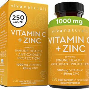 Vitamin C with Zinc (250 Veggie Capsules) - Vitamin C 1000mg and Zinc 20mg with Citrus Bioflavonoids and Rose Hips, Immune Support Supplement and Powerful Antioxidant