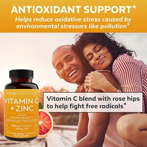 Vitamin C with Zinc (250 Veggie Capsules) - Vitamin C 1000mg and Zinc 20mg with Citrus Bioflavonoids and Rose Hips, Immune Support Supplement and Powerful Antioxidant