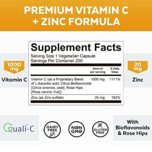 Vitamin C with Zinc (250 Veggie Capsules) - Vitamin C 1000mg and Zinc 20mg with Citrus Bioflavonoids and Rose Hips, Immune Support Supplement and Powerful Antioxidant