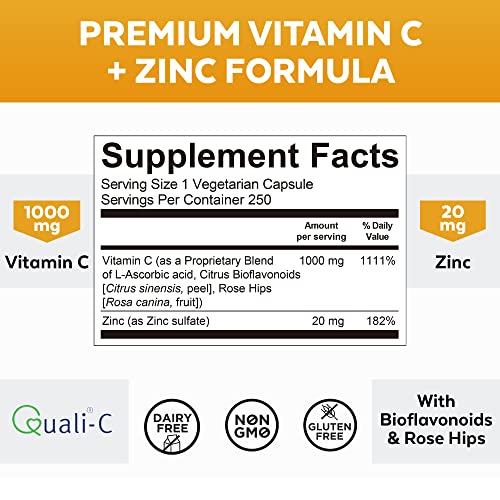 Vitamin C with Zinc (250 Veggie Capsules) - Vitamin C 1000mg and Zinc 20mg with Citrus Bioflavonoids and Rose Hips, Immune Support Supplement and Powerful Antioxidant