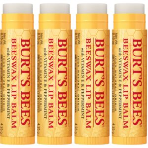 Burt's Bees Lip Balm Easter Basket Stuffers, Moisturizing Lip Care Spring Gift, for All Day Hydration, 100% Natural, Original Beeswax with Vitamin E & Peppermint Oil (4 Pack)