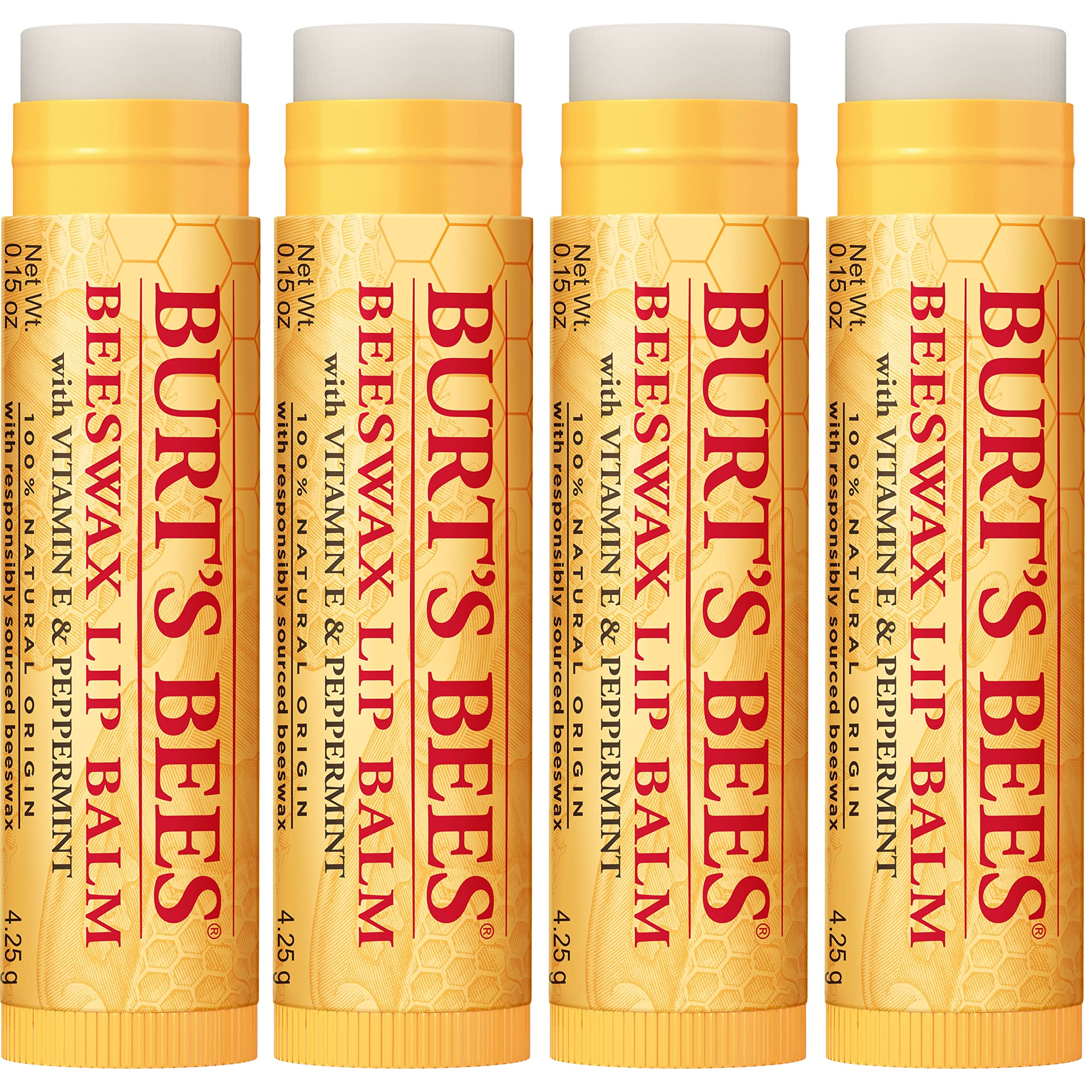 Burt's Bees Lip Balm Easter Basket Stuffers, Moisturizing Lip Care Spring Gift, for All Day Hydration, 100% Natural, Original Beeswax with Vitamin E & Peppermint Oil (4 Pack)