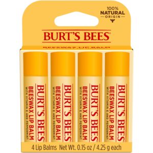 Burt's Bees Lip Balm Easter Basket Stuffers, Moisturizing Lip Care Spring Gift, for All Day Hydration, 100% Natural, Original Beeswax with Vitamin E & Peppermint Oil (4 Pack)