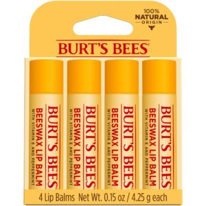 Burt's Bees Lip Balm Easter Basket Stuffers, Moisturizing Lip Care Spring Gift, for All Day Hydration, 100% Natural, Original Beeswax with Vitamin E & Peppermint Oil (4 Pack)