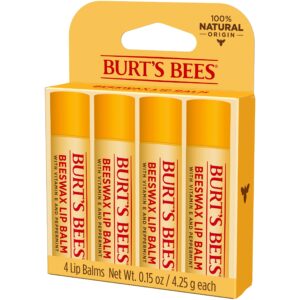 Burt's Bees Lip Balm Easter Basket Stuffers, Moisturizing Lip Care Spring Gift, for All Day Hydration, 100% Natural, Original Beeswax with Vitamin E & Peppermint Oil (4 Pack)