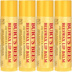 Burt's Bees Lip Balm Easter Basket Stuffers, Moisturizing Lip Care Spring Gift, for All Day Hydration, 100% Natural, Original Beeswax with Vitamin E & Peppermint Oil (4 Pack)