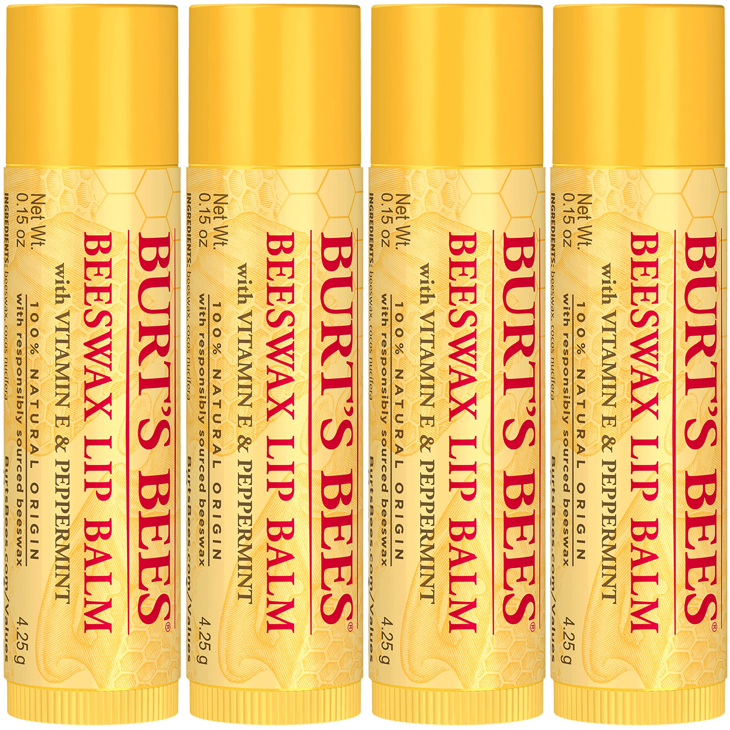 Burt's Bees Lip Balm Easter Basket Stuffers, Moisturizing Lip Care Spring Gift, for All Day Hydration, 100% Natural, Original Beeswax with Vitamin E & Peppermint Oil (4 Pack)