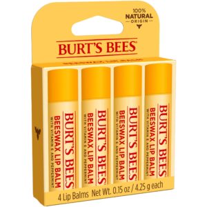 Burt's Bees Lip Balm Easter Basket Stuffers, Moisturizing Lip Care Spring Gift, for All Day Hydration, 100% Natural, Original Beeswax with Vitamin E & Peppermint Oil (4 Pack)