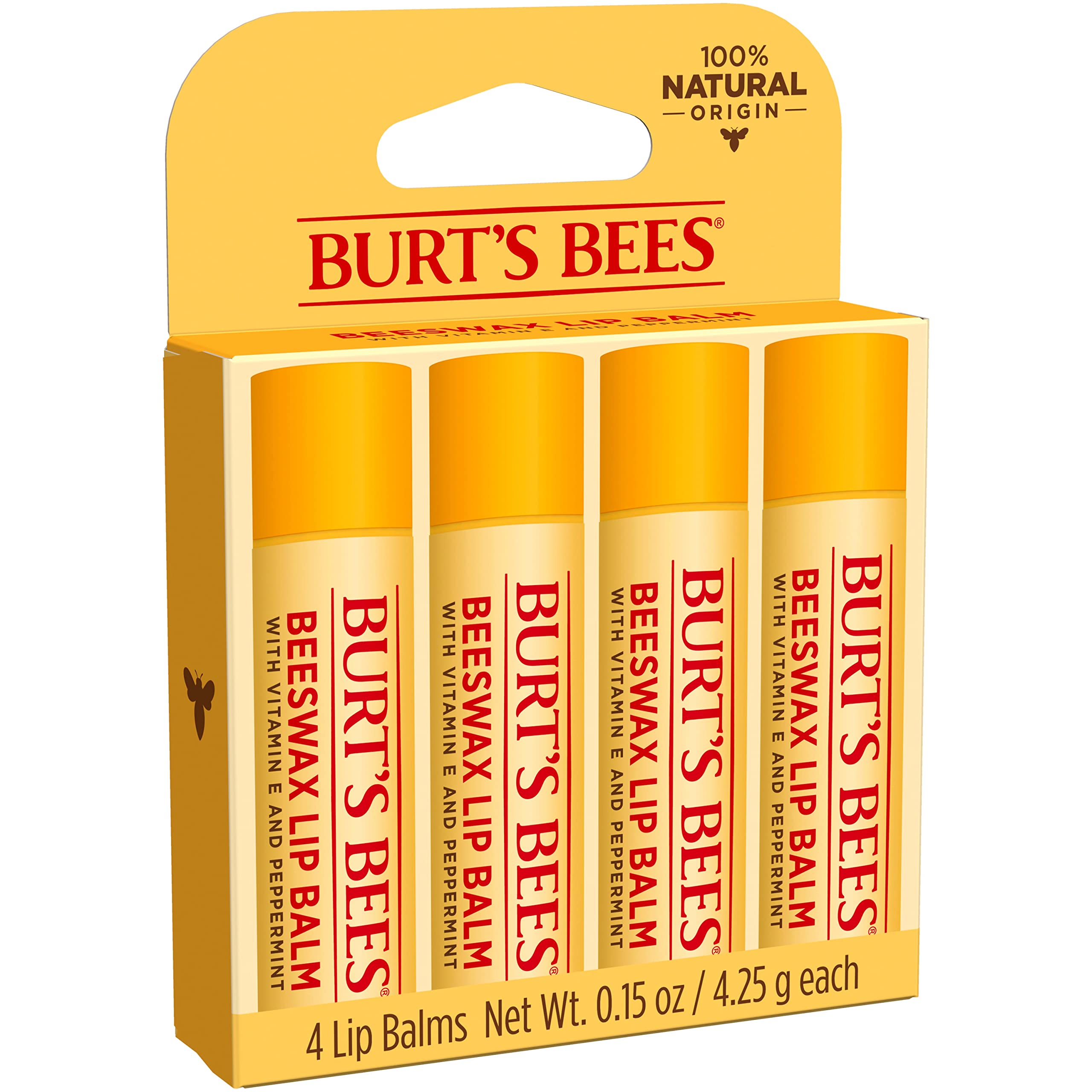 Burt's Bees Lip Balm Easter Basket Stuffers, Moisturizing Lip Care Spring Gift, for All Day Hydration, 100% Natural, Original Beeswax with Vitamin E & Peppermint Oil (4 Pack)