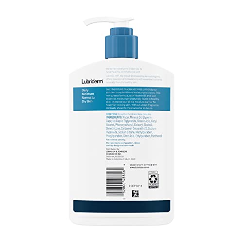 Lubriderm Daily Moisture Hydrating Unscented Body Lotion with Pro-Vitamin B5 for Normal-to-Dry Skin for Healthy-Looking Skin, Non-Greasy and Fragrance-Free Lotion, 16 fl. oz