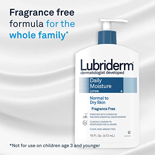 Lubriderm Daily Moisture Hydrating Unscented Body Lotion with Pro-Vitamin B5 for Normal-to-Dry Skin for Healthy-Looking Skin, Non-Greasy and Fragrance-Free Lotion, 16 fl. oz