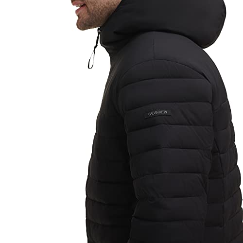 Calvin Klein Men's Hooded Down Jacket, Quilted Coat, Sherpa Lined, Black, Larg