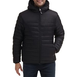 Calvin Klein Men's Hooded Down Jacket, Quilted Coat, Sherpa Lined, Black, Larg