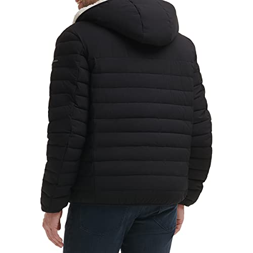 Calvin Klein Men's Hooded Down Jacket, Quilted Coat, Sherpa Lined, Black, Larg