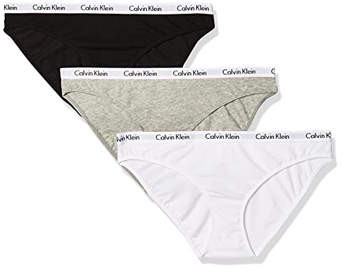 Calvin Klein Carousel Logo Cotton Stretch Women Bikini Panties, Multipack,3 pack, Black/White/Grey Heather, Medium