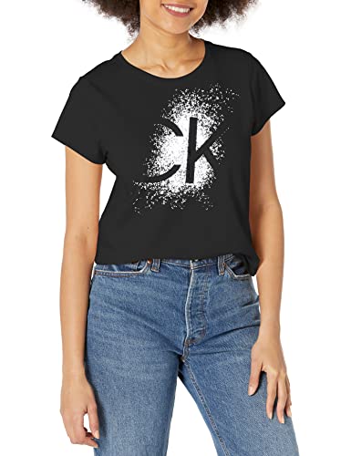 Calvin Klein Women's Soft Ck Logo Splatter Foil Sparkly Cotton Span Jersey Everyday T Shirt, Black, Large