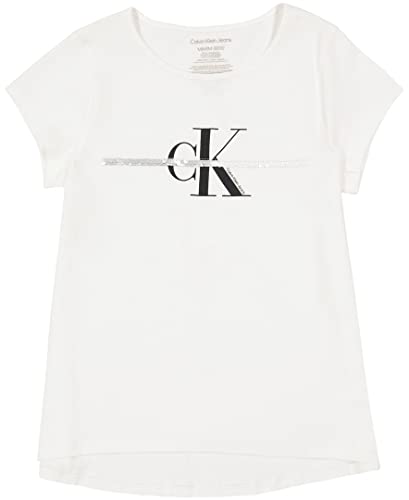 Calvin Klein Girls' Short Sleeve Flip Sequins Graphic T-Shirt, White Stripe, 12-14