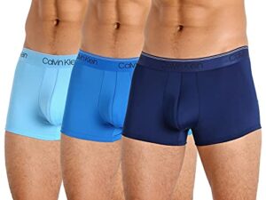 calvin klein men’s micro stretch 3-pack low rise trunk, 1 new navy, 1 artesian blue, 1 blue paradise, l