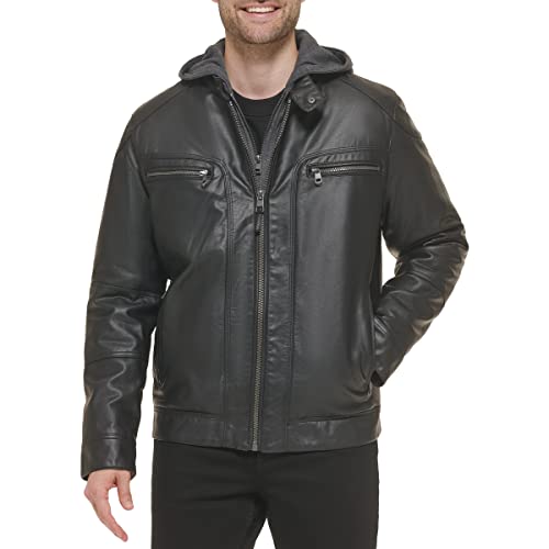 Calvin Klein Men's Motorcycle Jacket with Removable Hoodie, Black, Small