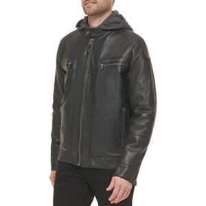 Calvin Klein Men's Motorcycle Jacket with Removable Hoodie, Black, Small