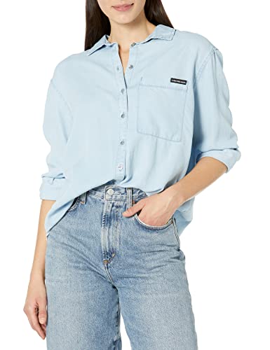 Calvin Klein Women's Split Hem Button Down Shirt with Roll Tab Sleeves, Chambray, X-Small