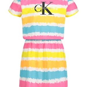 Calvin Klein Girls' Short Sleeve Jersey Dress With Elastic Cinched Waist, White Tie Dye, 12-14