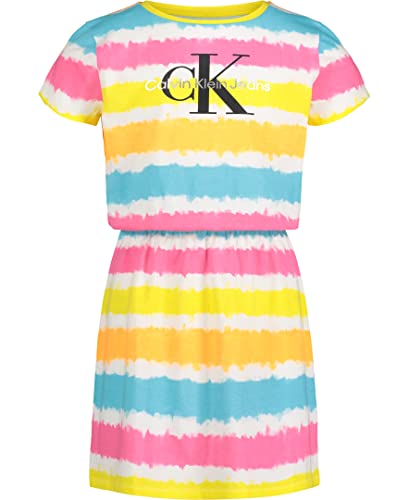 Calvin Klein Girls' Short Sleeve Jersey Dress With Elastic Cinched Waist, White Tie Dye, 12-14