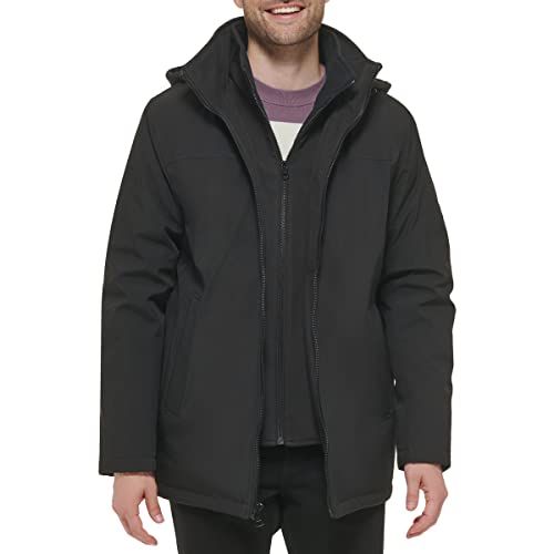 Calvin Klein Men's Hooded Rip Stop Water and Wind Resistant Jacket with Fleece Bib, Deep Black, Medium