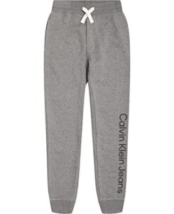 calvin klein boys’ fleece pull-on jogger, vertical logo grey heather, 10-12