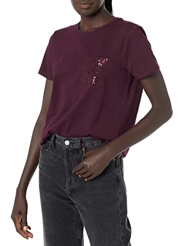 Calvin Klein Women's Soft Sequin Ck Pocket &Print Logo Sparkly Cotton Span Jersey Everyday T Shirt, Aubergine, Small