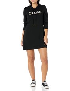 calvin klein women’s long sleeve hoodie dress, pitch black, small