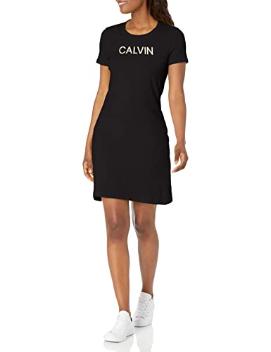 Calvin Klein Women's Everyday Short Sleeve Midi Logo T-Shirt Dress, Black, X-Large