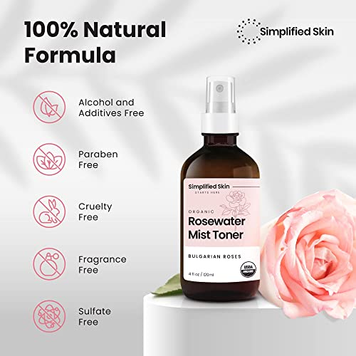 Rose Water Spray for Face & Hair - 100% Natural Organic Face Toner - Alcohol-Free Makeup Remover - Anti-Aging Self Care Beauty Mist - Face Care - Hydrating Rosewater by Simplified Skin (4 oz) - 1 Pack