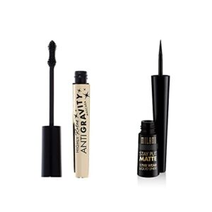 milani highly rated anti-gravity black mascara with castor oil and molded hourglass shaped brush & milani stay put matte liquid eyeliner black