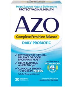 azo complete feminine balance daily probiotics for women, clinically proven to help protect vaginal health, balance ph and yeast, non-gmo, 30 count