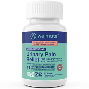 welmate urinary pain relief | uti relief | fast acting | bladder discomfort & pain relief | phenazopyridine hydrochloride 99.5mg | 72 count tablets