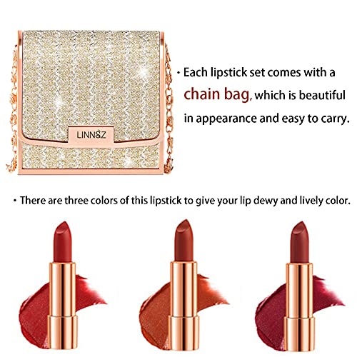 Gireatick Matte Lipstick Makeup Set for Woman, 3pcs Long Lasting Velvet Lipstick in One Glamour Chain Bag, Non-Stick Cup Red Lipstick, Not Fade Waterproof, Color Sensational Lipstick set, Lip Kit Gift Set