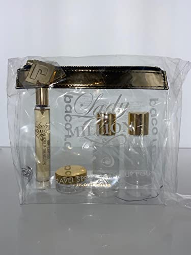 Paco Rabanne Lady Million For Women 5 Piece Set (0.34 Eau De Parfum Travel Spray + 3 Empty Containers + Toiletry Bag)