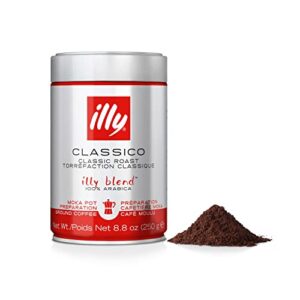 illy classico ground moka coffee, medium roast, 100% arabica bean signature italian blend, pressurized fresh, stovetop moka pot preparations, 8.8 ounce can (pack of 1)