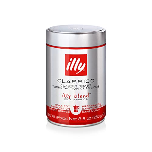 Illy Classico Ground Moka Coffee, Medium Roast, 100% Arabica Bean Signature Italian Blend, Pressurized Fresh, Stovetop Moka Pot Preparations, 8.8 Ounce Can (Pack of 1)