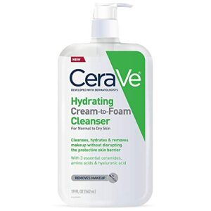 cerave hydrating cream-to-foam cleanser | hydrating makeup remover and face wash with hyaluronic acid | fragrance free non-comedogenic | 19 fluid ounce