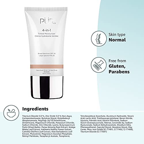 PÜR 4-in-1 Tinted Moisturizer With SPF 20 - Hydrating Face Moisturizer, Primer, & Foundation With Shea Butter, Aloe Vera & Vitamin B3 - Vegan Friendly - Free of Paraben, Gluten & BPA - Bone