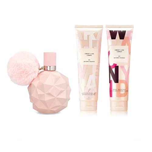 Sweet Like Candy by Ariana Grande Gift Set - 3.4 oz Eau De Parfum Spray 3.4 oz Body Souffle 3.4 oz Bath & Shower Gel Women