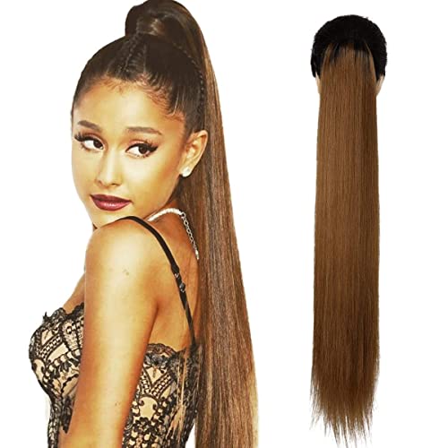 YIBANG 30inch Long Straight Drawstring Ponytail Synthetic High Puff Ponytail Hair Pieces With Comb Clip in Straight Ponytail Clip in Hair Extensions Smooth &Soft(T2/30)