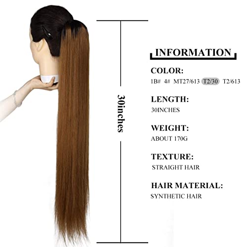 YIBANG 30inch Long Straight Drawstring Ponytail Synthetic High Puff Ponytail Hair Pieces With Comb Clip in Straight Ponytail Clip in Hair Extensions Smooth &Soft(T2/30)