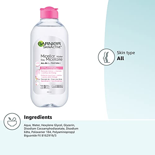 Garnier SkinActive Micellar Water for All Skin Types, Facial Cleanser & Makeup Remover, 13.5 fl. Oz, 1 count (Packaging May Vary)