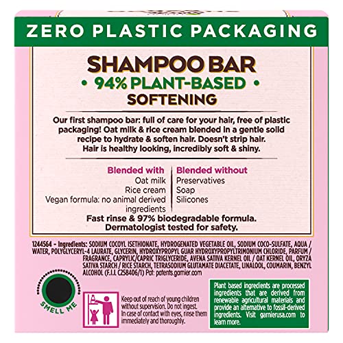 Garnier Haircare Whole Blends Oat Delicacy Softening Shampoo Bar for Fine Hair, Zero Plastic Packaging, Preservative/ Silicone/Soap & Dye Free, with Rice Cream and Responsibly Sourced Milk, 2.0 Oz