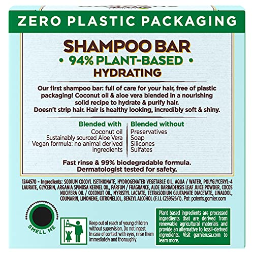 Garnier Haircare Whole Blends Hydrating Shampoo Bar for Normal Hair, Zero Plastic Packaging, Free of Preservatives, Sulfates, Silicones, Soap & Dye, with Coconut Oil & Aloe Vera, 2 Oz