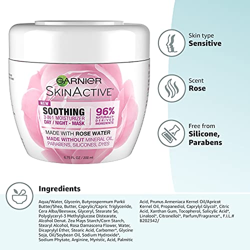 Garnier SkinActive 3-in-1 Face Moisturizer with Rose Water, 6.7 Fl Oz (Pack of 1)