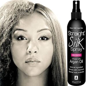 straight silk spray with moroccan argan oil | hair straightening protector & detangler | alcohol-free | heat protectant up to 450°f | flat-iron | blow-dry | unscented | hair spray | made in usa (6oz)